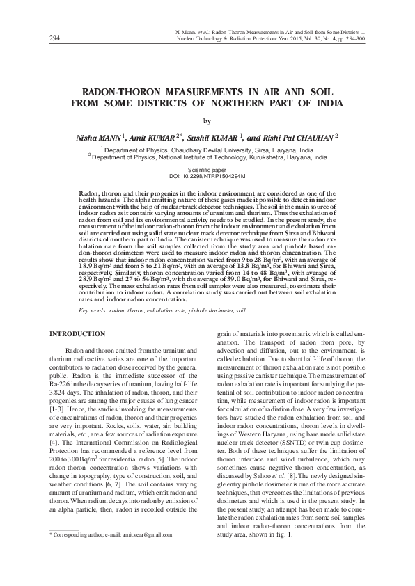 (PDF) Radon-thoron measurements in air and soil from some districts of northern part of India