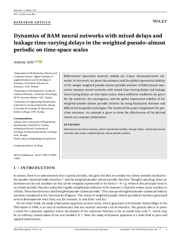 (PDF) Dynamics of BAM neural networks with mixed delays and leakage time-varying delays in the ...