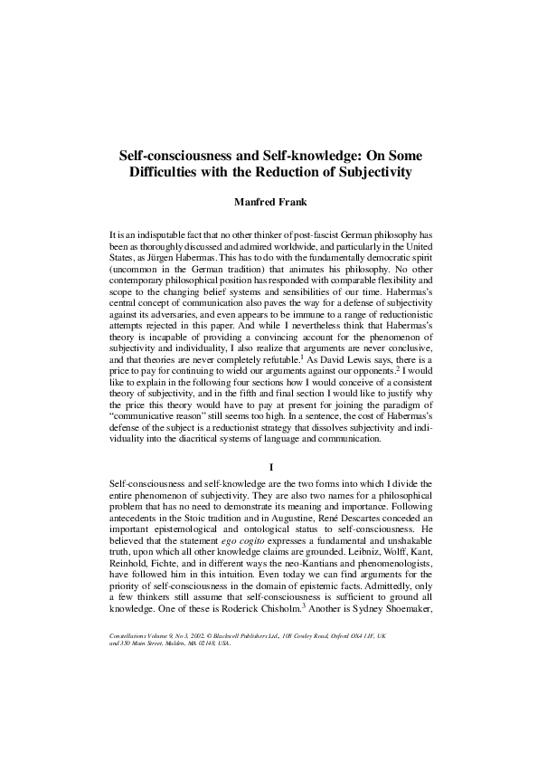 (PDF) Self-consciousness and Self-knowledge: On Some Difficulties with ...