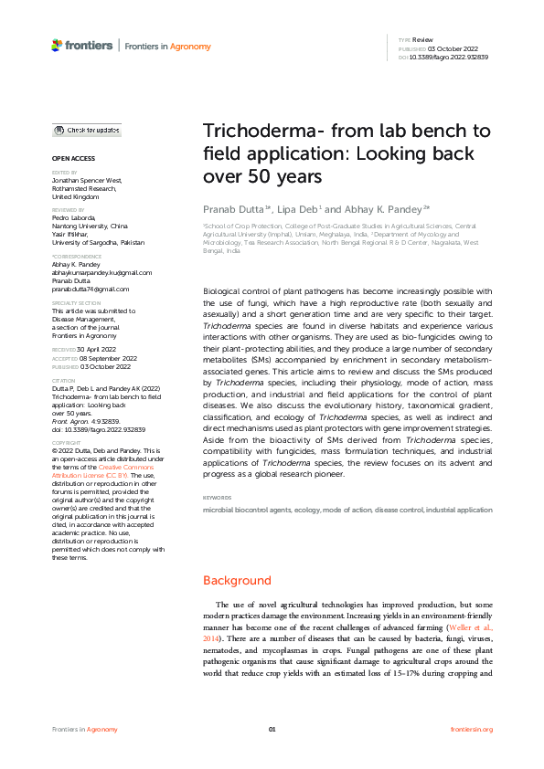 (PDF) Trichoderma- from lab bench to field application: Looking back over 50 years