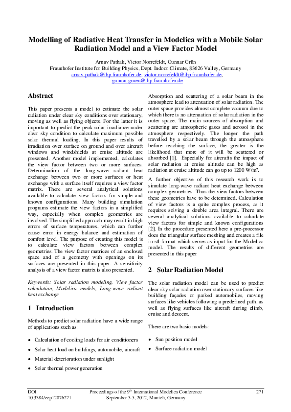 (PDF) Modelling of Radiative Heat Transfer in Modelica with a Mobile Solar Radiation Model and a ...