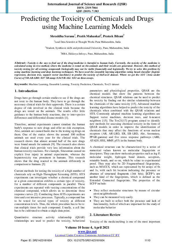 (PDF) Predicting the Toxicity of Chemicals and Drugs using Machine ...