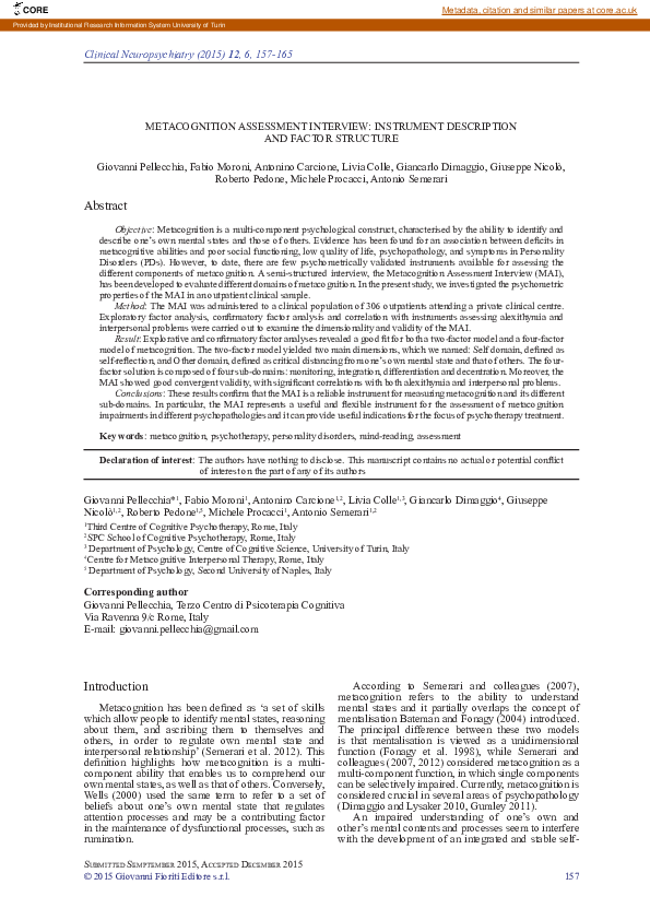 Pdf Metacognition Assessment Interview Instrument Description And Factor Structure