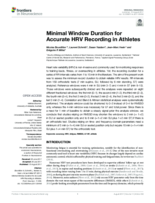 (PDF) Minimal Window Duration for Accurate HRV Recording in Athletes