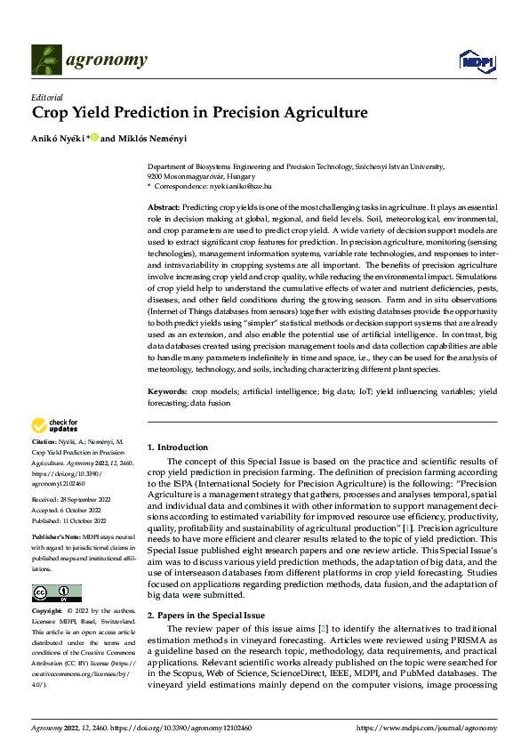 (PDF) Crop Yield Prediction in Precision Agriculture
