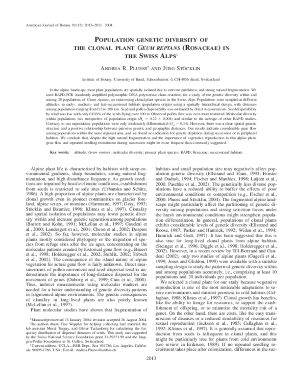 (PDF) Population genetic diversity of the clonal plant Geum reptans ...