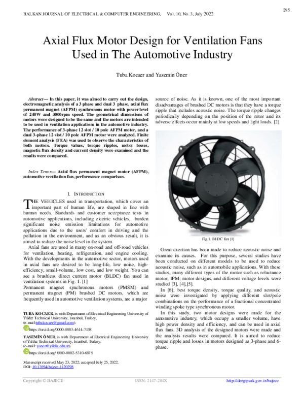 Pdf Axial Flux Motor Design For Ventilation Fans Used In The