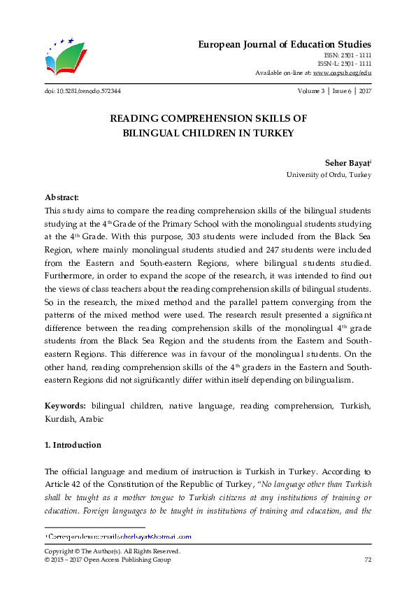 (PDF) Reading Comprehension Skills of Bilingual Children in Turkey