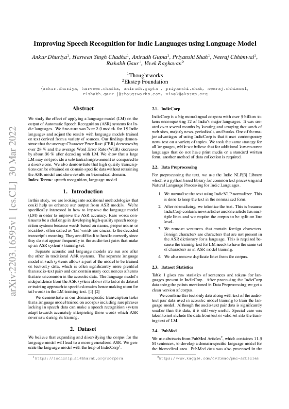 (PDF) Improving Speech Recognition for Indic Languages using Language Model