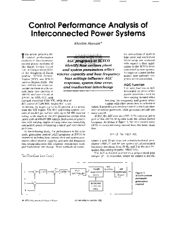Pdf Control Performance Analysis Of Interconnected Power Systems