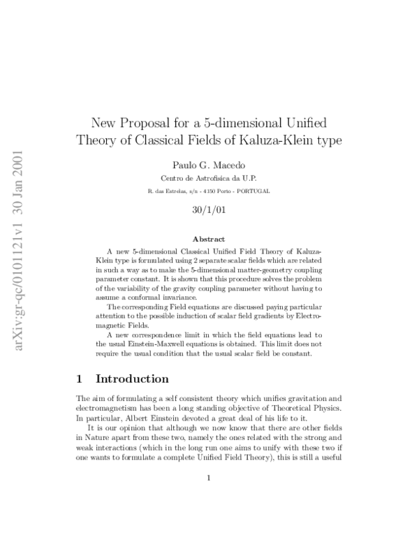 (PDF) New Proposal for a 5-dimensional Theory of Kaluza-Klein type