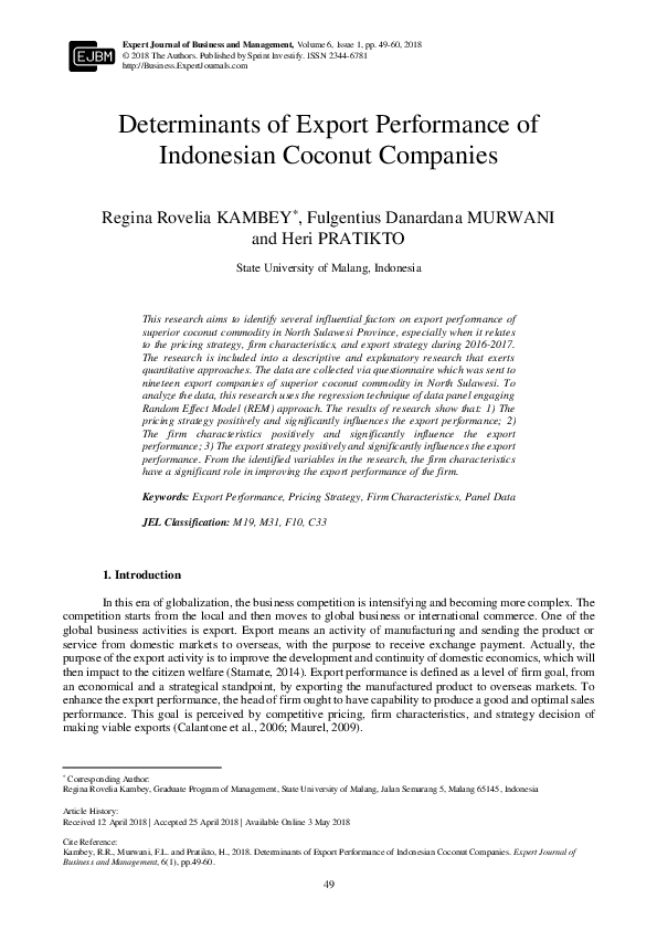 (PDF) Determinants of Export Performance of Indonesian Coconut Companies