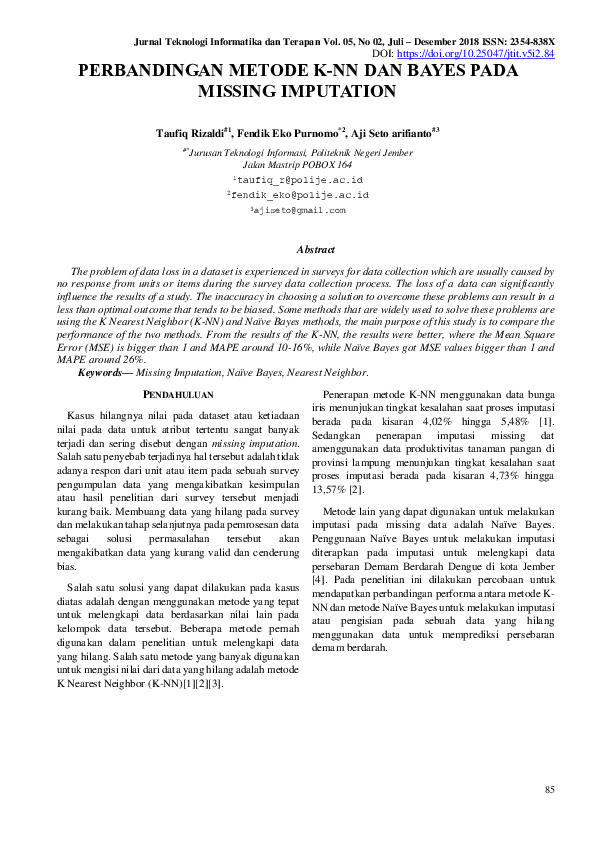 (PDF) Perbandingan Metode K-NN Dan Bayes Pada Missing Imputation
