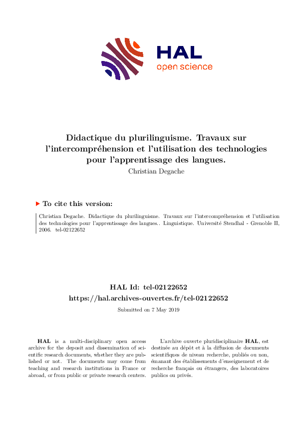 (PDF) Didactique du plurilinguisme-Travaux sur l'intercompréhension et ...