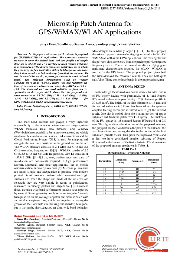 (PDF) Microstrip Patch Antenna for GPS/WiMAX/WLAN Applications