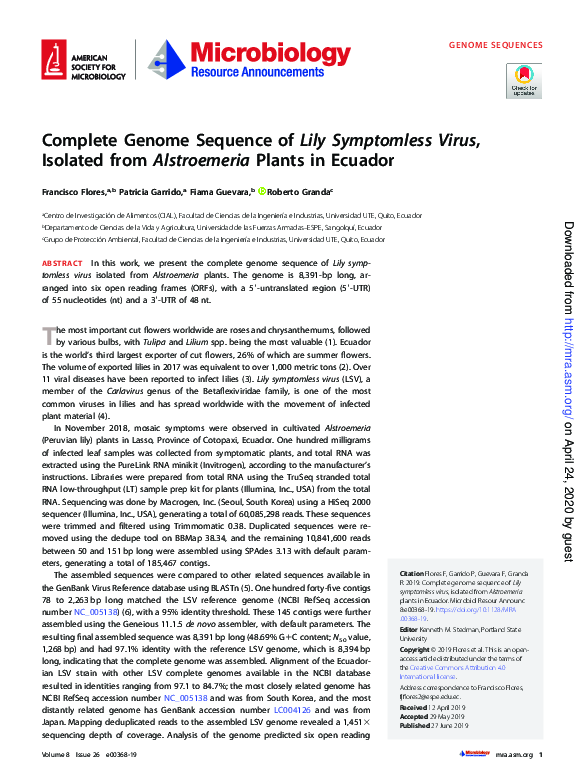 (PDF) Complete Genome Sequence of Lily Symptomless Virus , Isolated ...