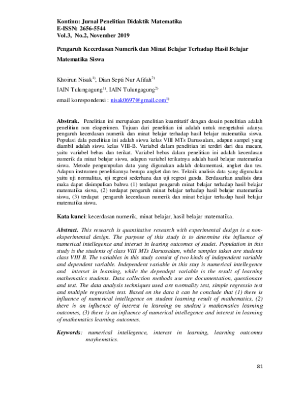 (PDF) Pengaruh Kecerdasan Numerik dan Minat Belajar Terhadap Hasil Belajar Matematika Siswa