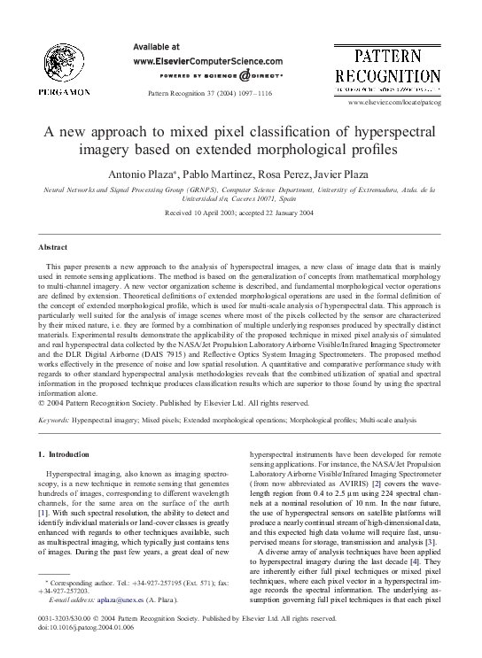 (PDF) A new approach to mixed pixel classification of hyperspectral imagery based on extended ...