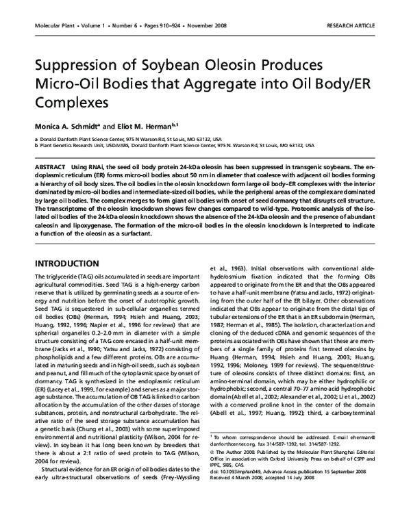 (PDF) Suppression of Soybean Oleosin Produces Micro-Oil Bodies that ...