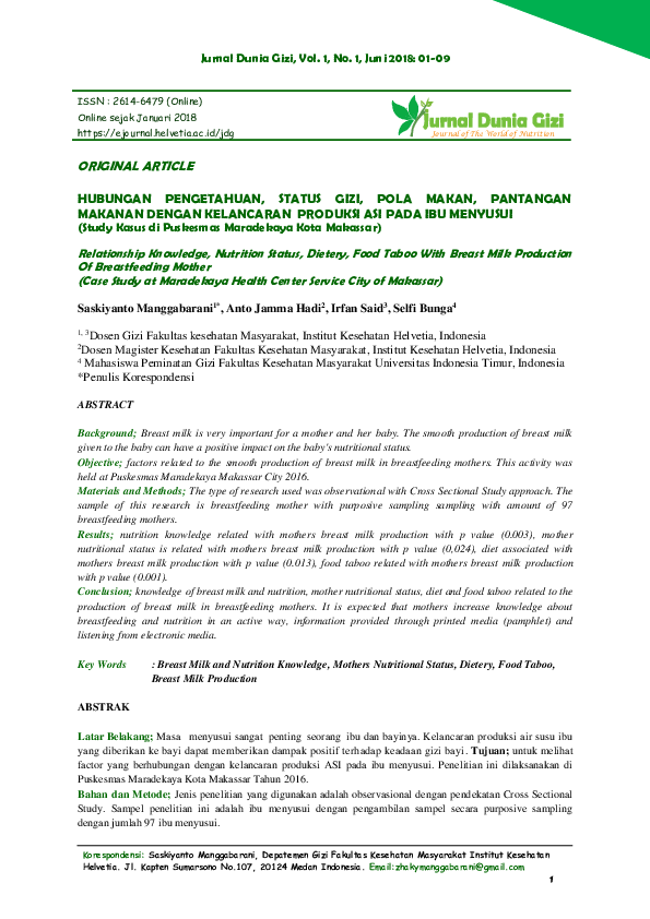 Relationship Knowledge, Nutrition Status, Dietery, Food Taboo With Breast Milk Production of ...