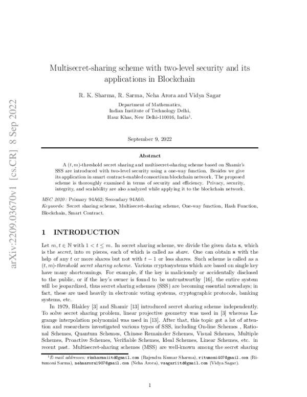 (PDF) Multisecret-sharing scheme with two-level security and its applications in Blockchain
