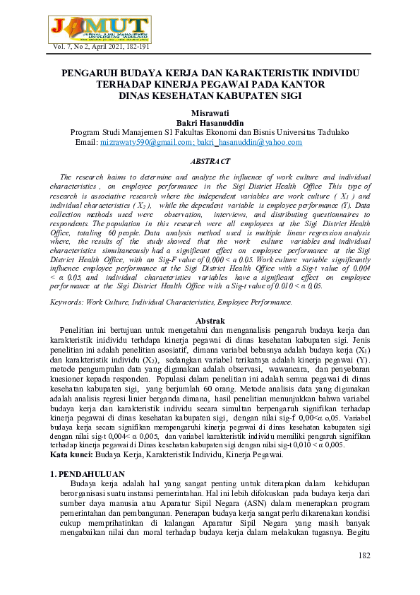 (PDF) Pengaruh Budaya Kerja Dan Karakteristik Individu Terhadap Kinerja Pegawai Pada Kantor ...