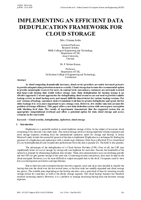 (PDF) Implementing an Efficient Data Deduplication Framework for Cloud Storage