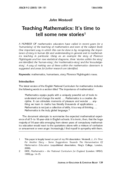 (PDF) Teaching Mathematics: It's Time to Tell Some New Stories