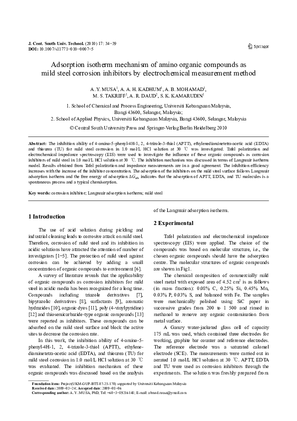 (PDF) Adsorption isotherm mechanism of amino organic compounds as mild steel corrosion ...