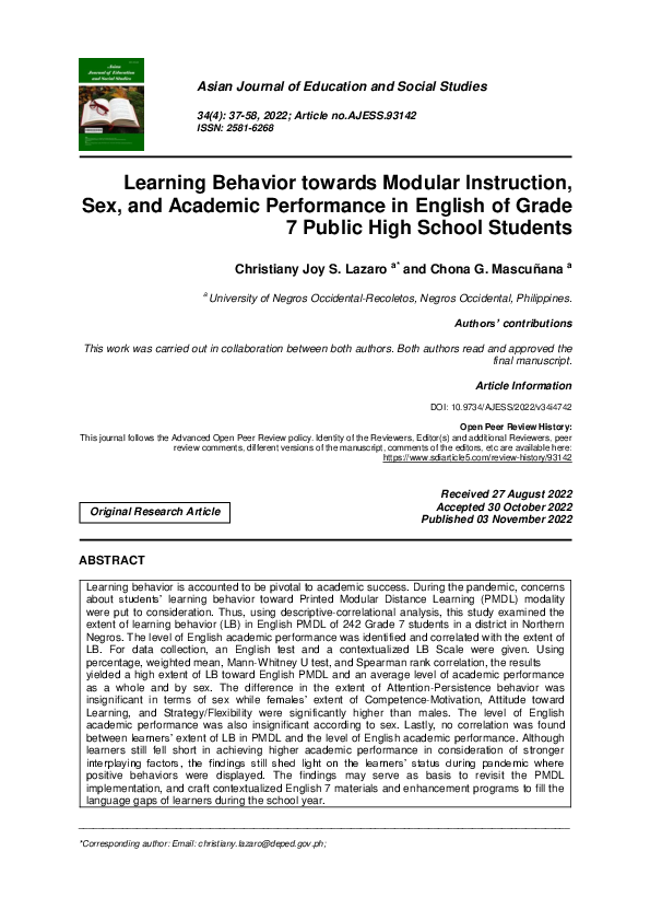 Pdf Learning Behavior Towards Modular Instruction Sex And Academic Performance In English Of