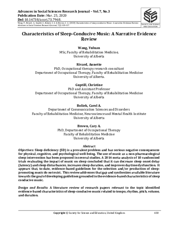 (PDF) Characteristics of sleep-conducive music: A narrative evidence review