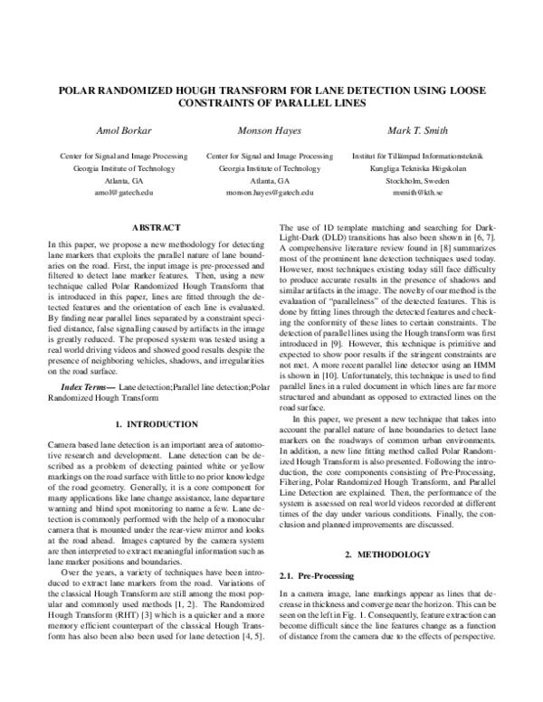Pdf Polar Randomized Hough Transform For Lane Detection Using Loose Constraints Of Parallel