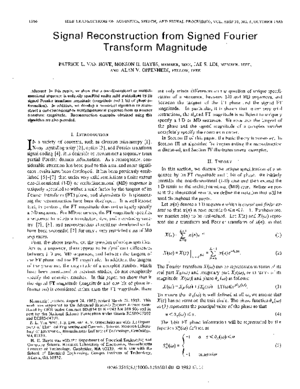(PDF) Signal reconstruction from signed Fourier transform magnitude | Monson Hayes - Academia.edu