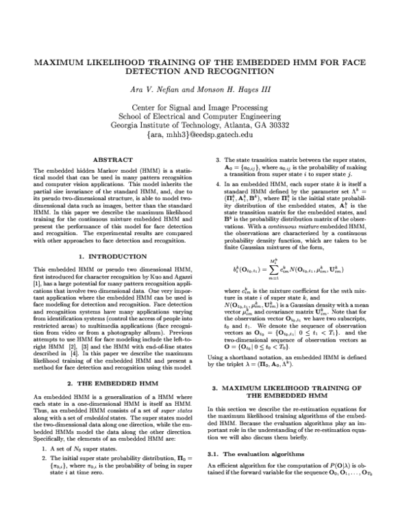 (PDF) Maximum likelihood training of the embedded HMM for face detection and recognition