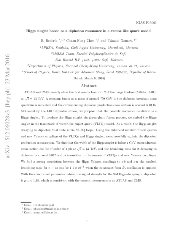 (PDF) Higgs singlet boson as a diphoton resonance in a vectorlike quark ...