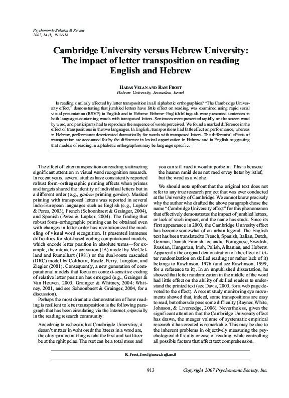 (PDF) Letter Transposition Effects on Reading English & Hebrew