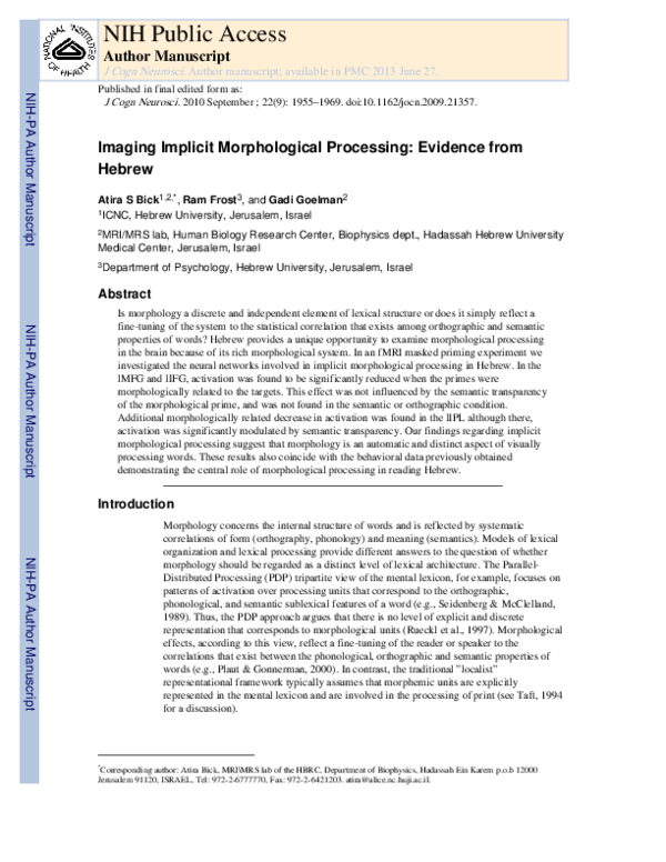 (PDF) Imaging Implicit Morphological Processing: Evidence from Hebrew