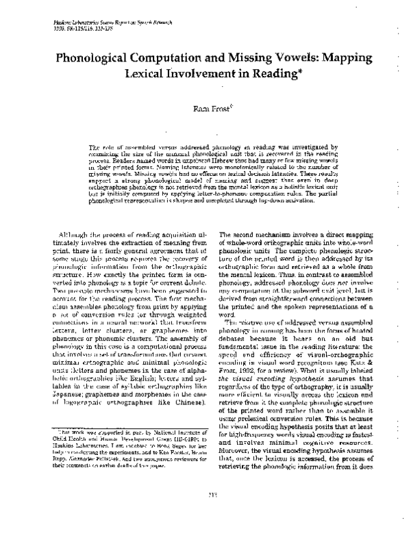 (PDF) Phonological computation and missing vowels: Mapping lexical involvement in reading