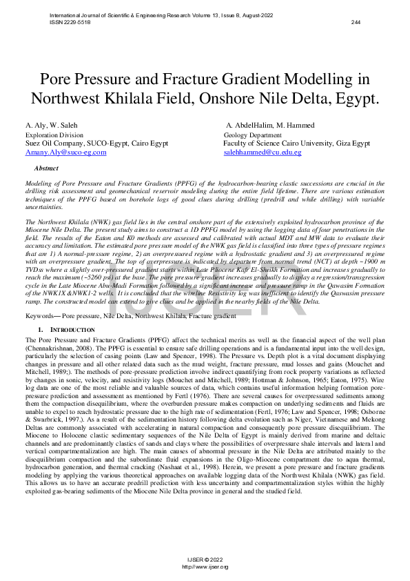 (PDF) Pore Pressure and Fracture Gradient Modelling in Northwest Khilala Field, Onshore Nile ...