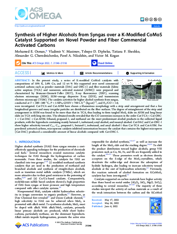 (PDF) Synthesis of Higher Alcohols from Syngas over a K-Modified CoMoS ...