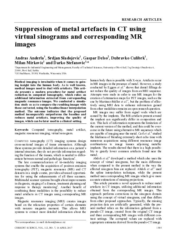 Pdf Suppression Of Metal Artefacts In Ct Using Virtual Singorams And Corresponding Mr Images
