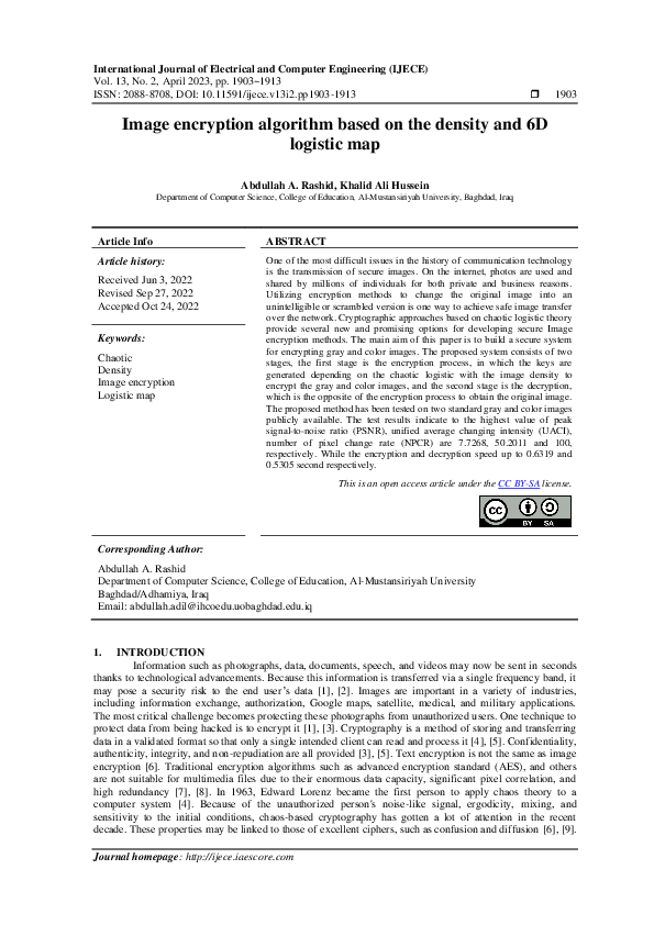 Pdf Image Encryption Algorithm Based On The Density And 6d Logistic Map