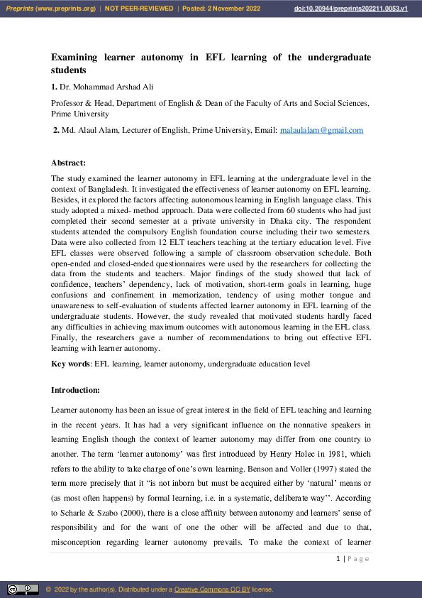 (PDF) Learner Autonomy in EFL: A Bangladeshi Study