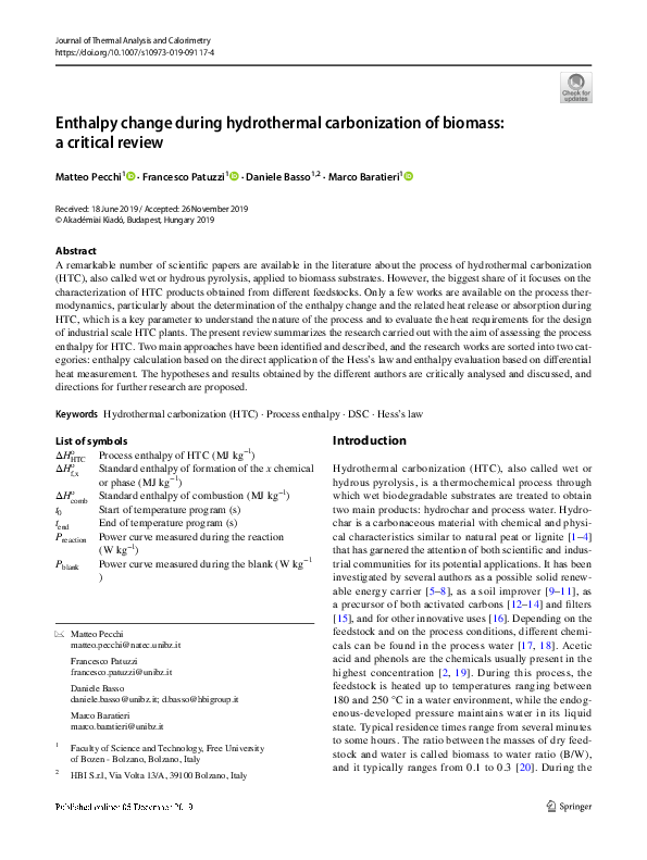 (PDF) Enthalpy change during hydrothermal carbonization of biomass: a critical review