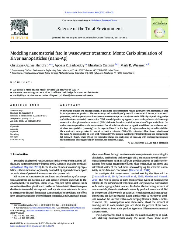 (PDF) Modeling nanomaterial fate in wastewater treatment: Monte Carlo simulation of silver ...