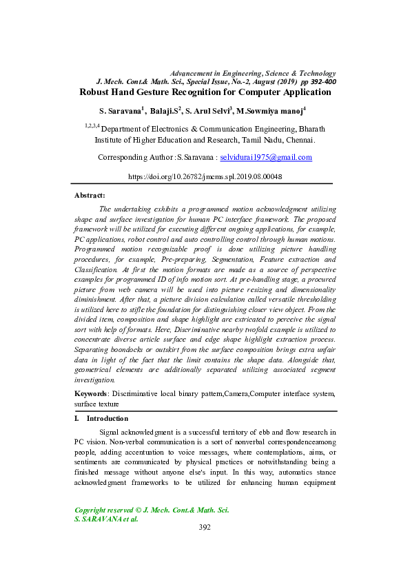 (PDF) Robust Hand Gesture Recognition for Character Recognition