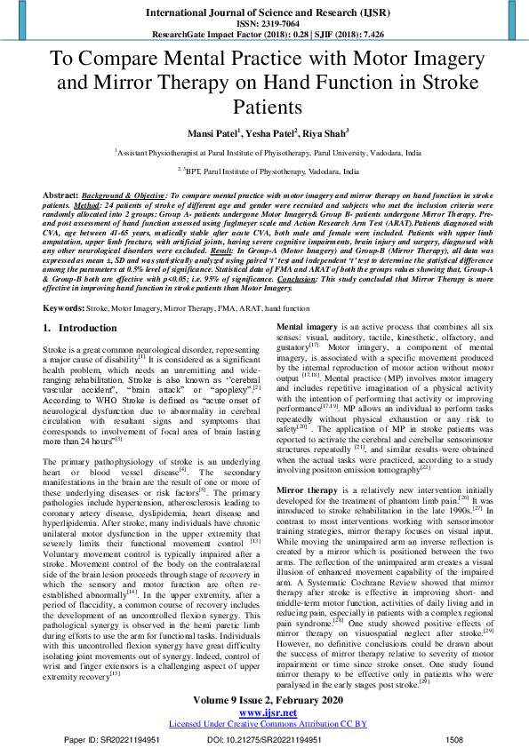 (PDF) To Compare Mental Practice with Motor Imagery and Mirror Therapy ...