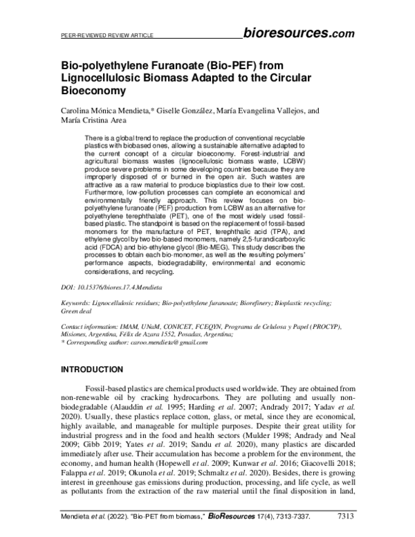 (PDF) Bio-polyethylene furanoate (Bio-PEF) from lignocellulosic biomass ...