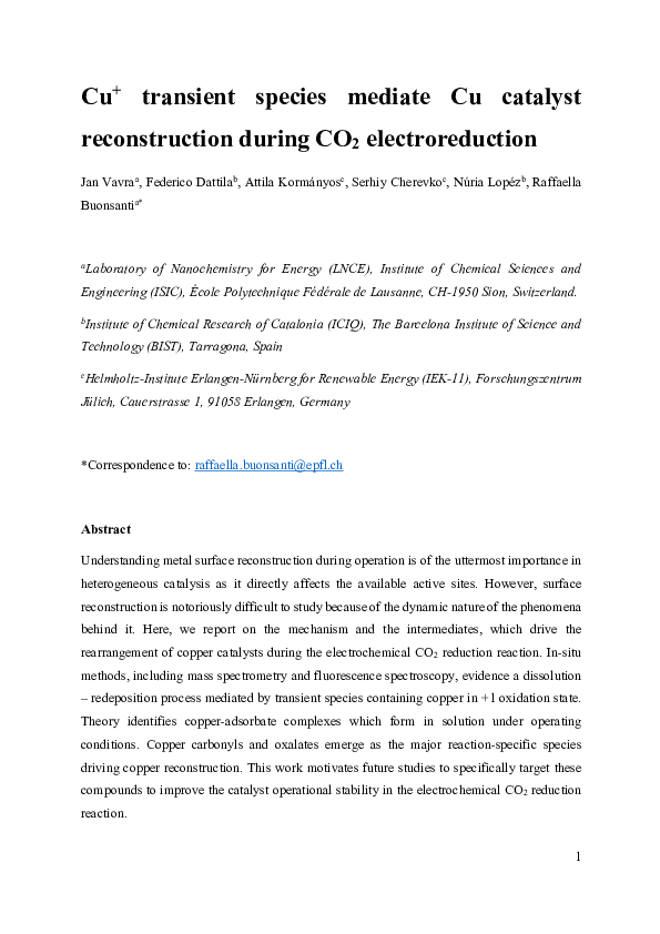 (PDF) Cu+ transient species mediate Cu catalyst reconstruction during ...