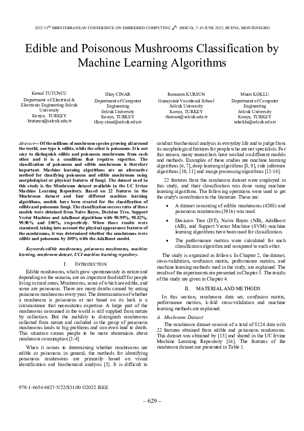 (PDF) Edible and Poisonous Mushrooms Classification by Machine Learning Algorithms